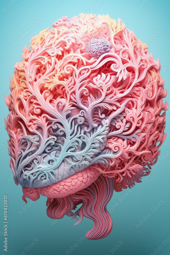 A pastel brain with intricate lace-like patterns, creating an elegant ...