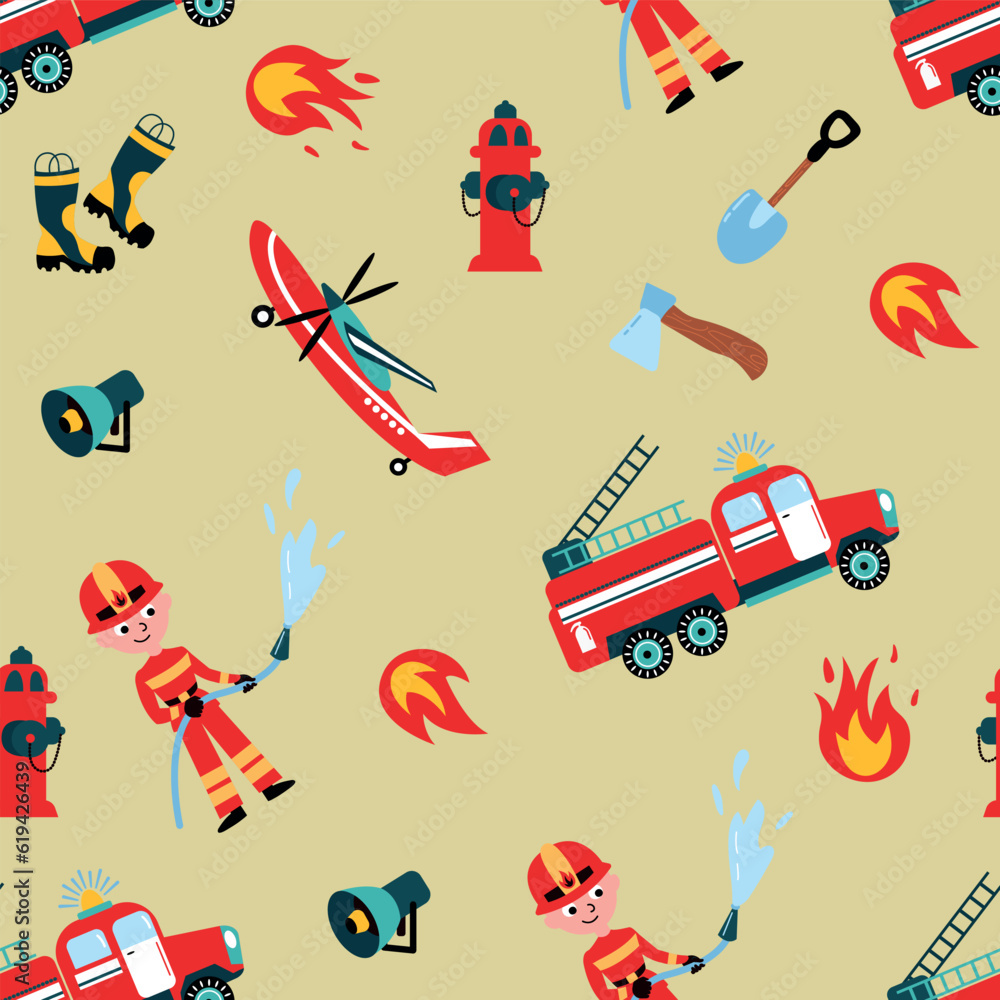 Fireman seamless pattern. Fireman, hydrant, fire helicopter, fire plane ...