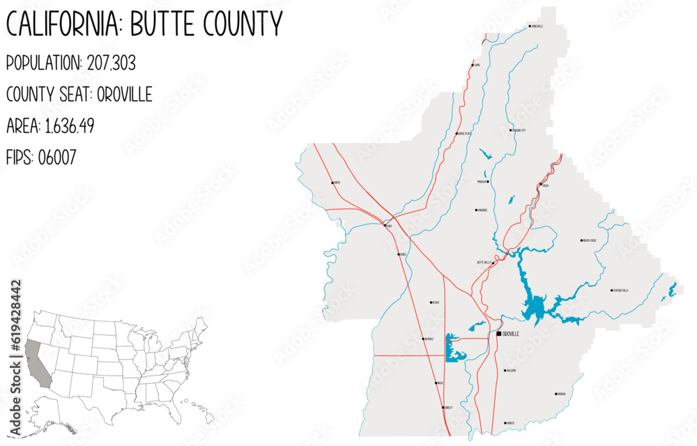 Large and detailed map of Butte County in California, USA. Stock Vector ...