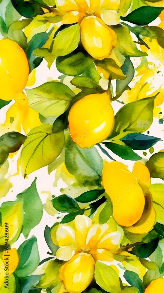 Abstract watercolor lemons pattern. Vertical yellow background for ...