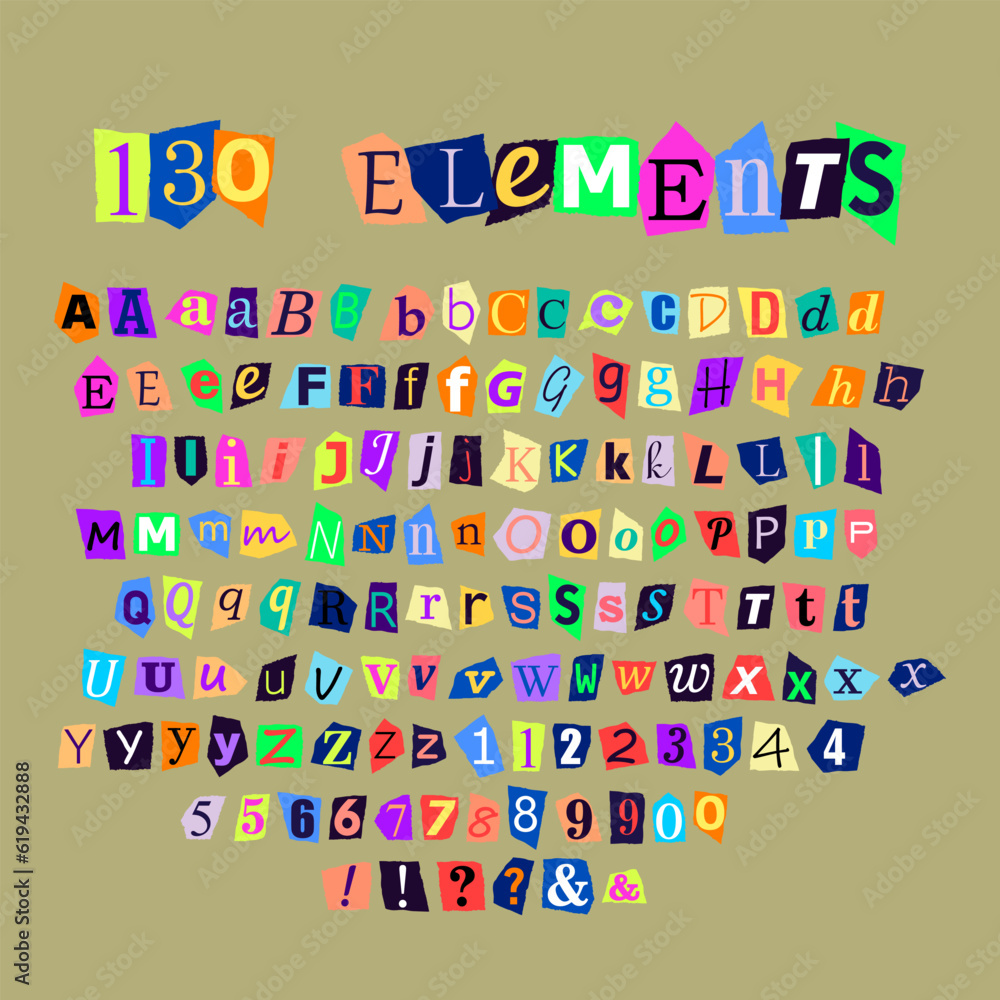 Letter, Number & Symbol Collage: Large Vector Set of Paper Clippings ...