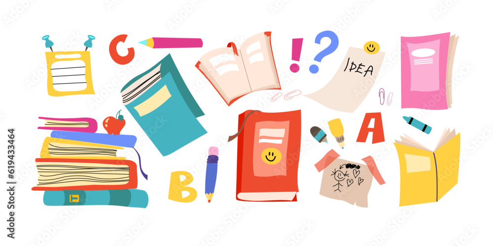 School books cartoon style. Back to school. Hand drawn educational ...