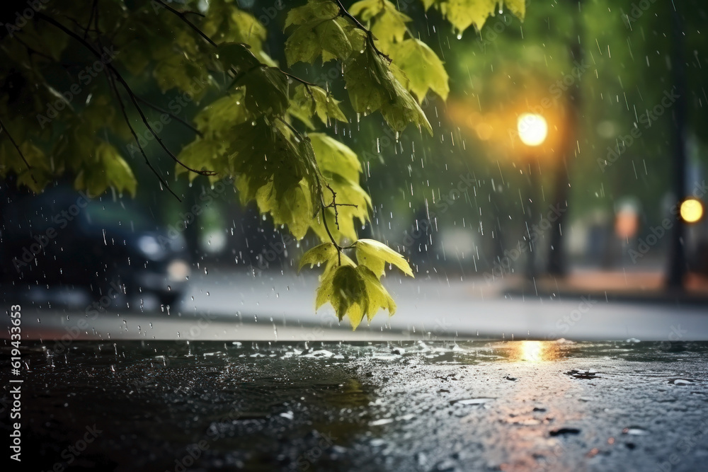 Heavy rain in the city. Tree on a blurred background. Photorealistic ...