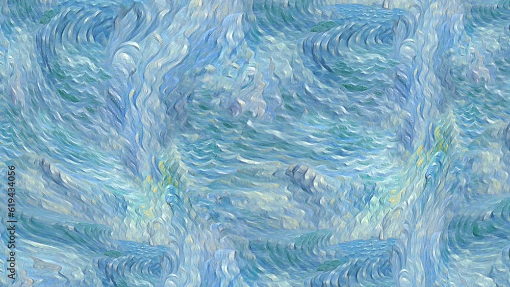 Clouds and waves seamless scroll turbulent animation. Sea tile pattern of digital painting in ...
