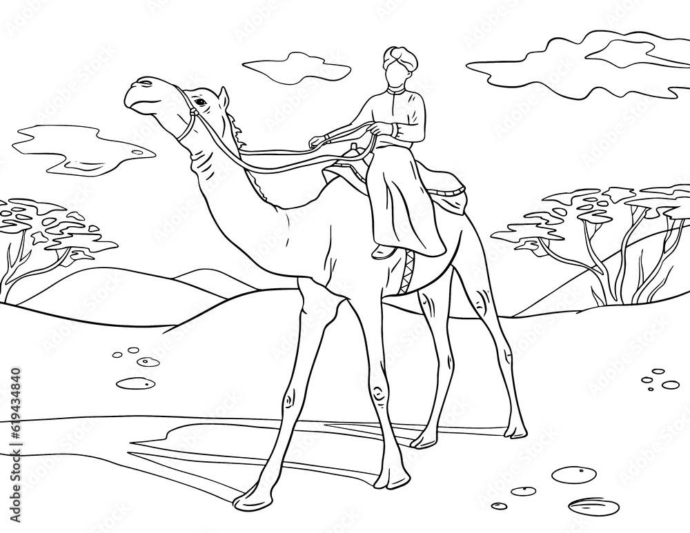 Camel with bedouin outline illustration. Coloring page. Stock ...