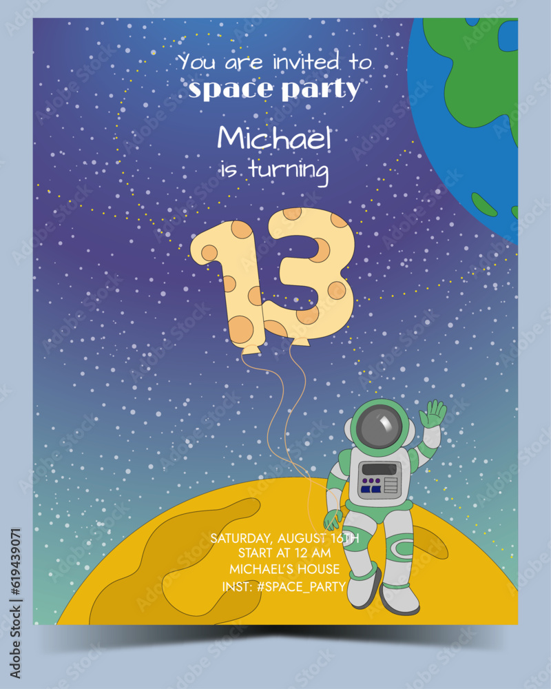 Turning 13. Birthday card invitation with space concept. CMYK format ...