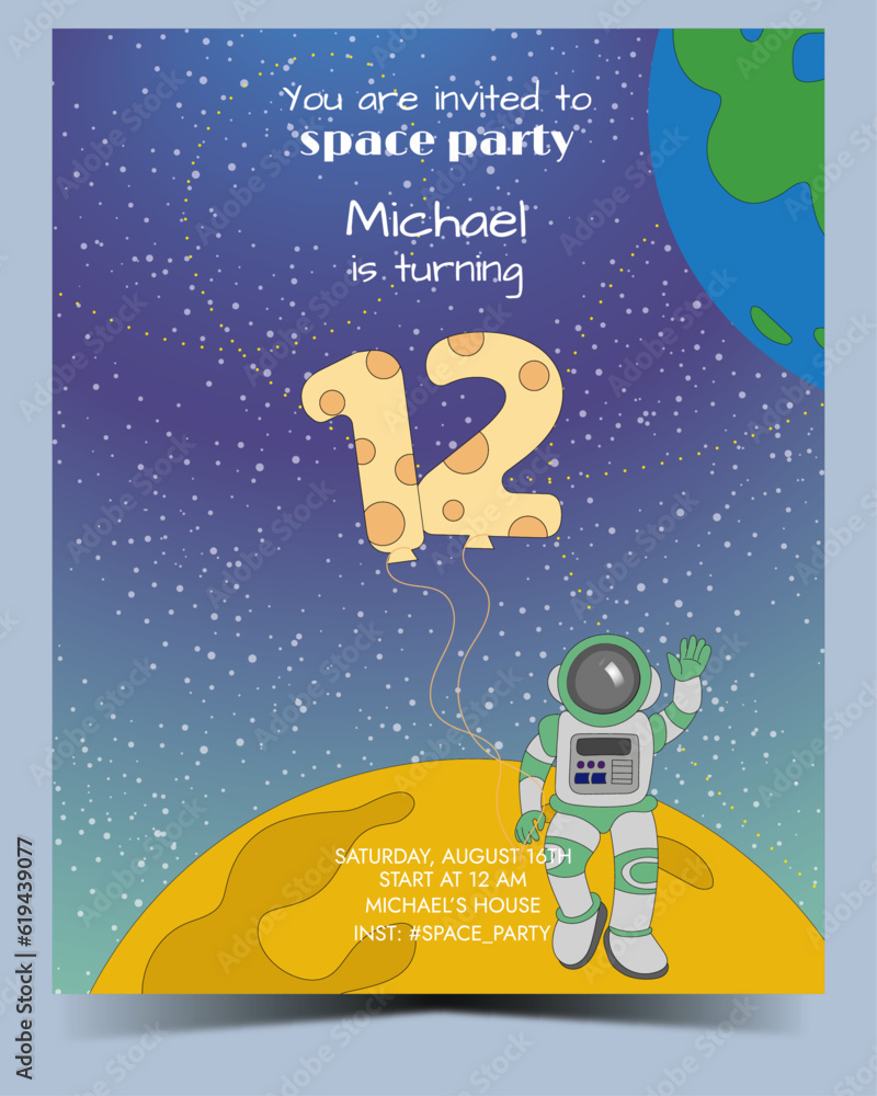 Turning 12. Birthday card invitation with space concept. CMYK format ...