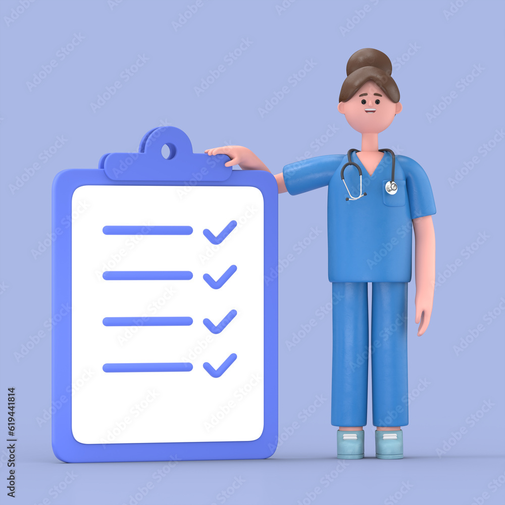 3D illustration of Female Doctor Mary with tasks on paper sheets ...