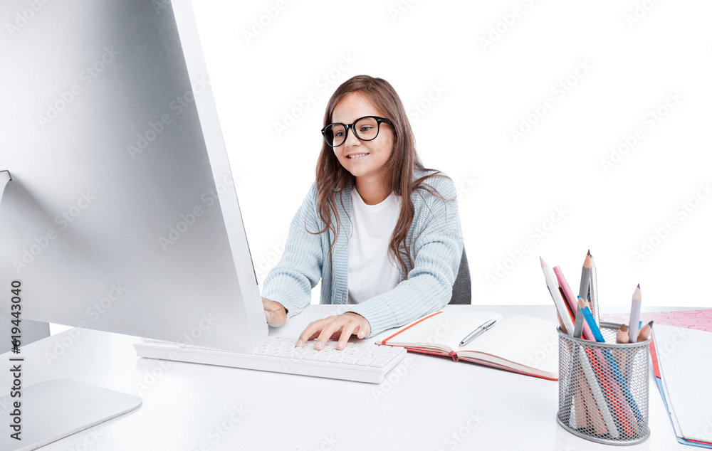 Happy smiling girl student watching learning online video class on a ...