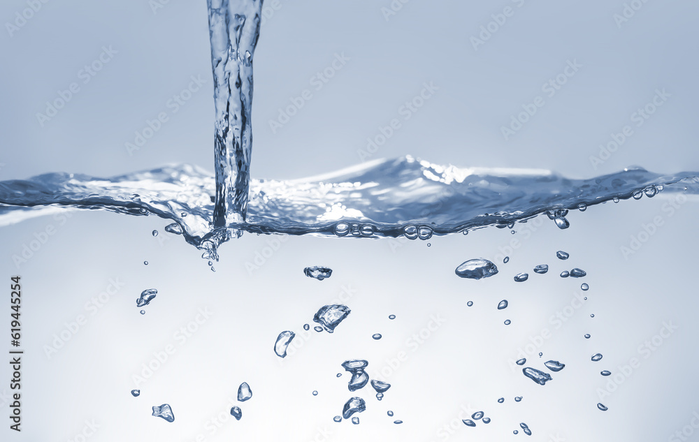 Water splash Aqua flowing in waves and creating bubbles Drops on the ...