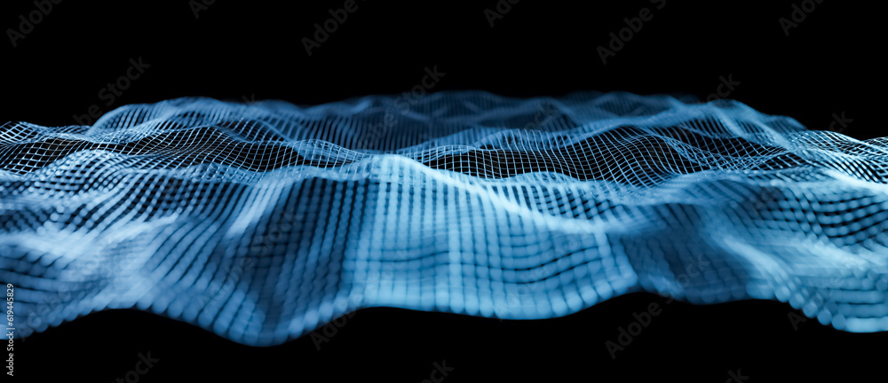 Illustration of abstract blue wireframe sound waves, visualization of ...