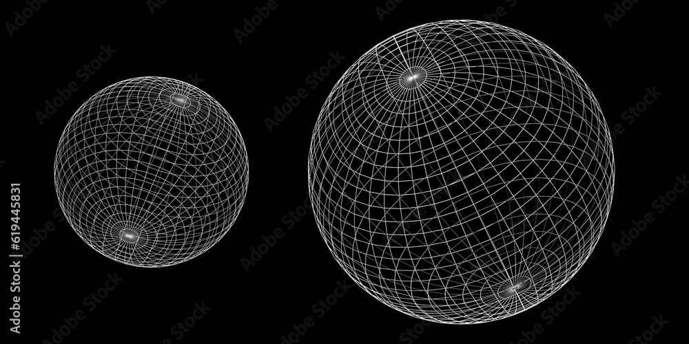 3D wireframe globe or sphere on black background, visualization of ...