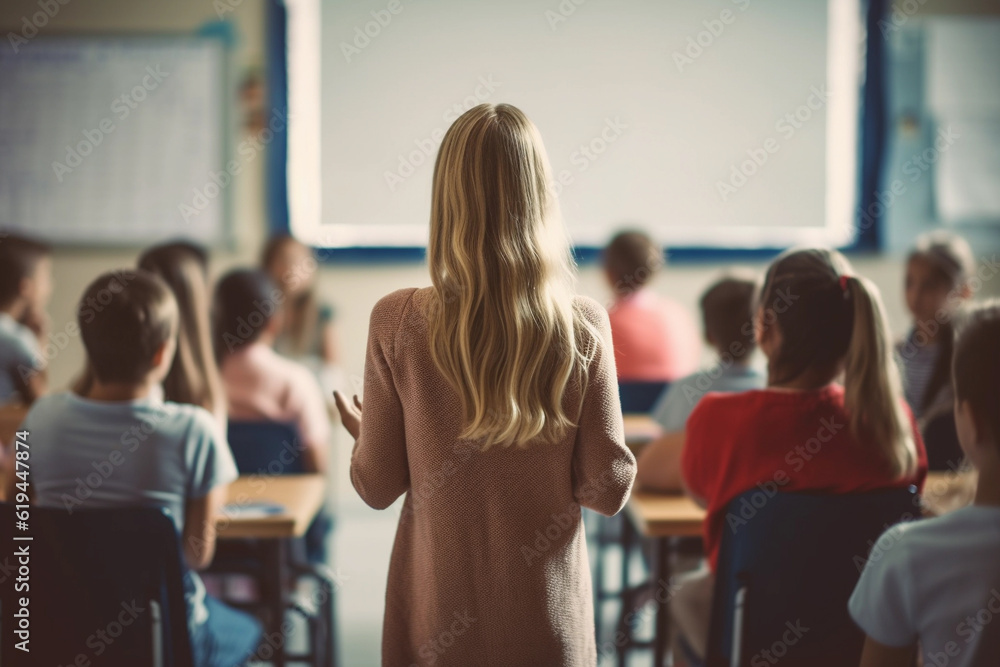Back view of a teacher teaching a lesson in a classroom full of ...
