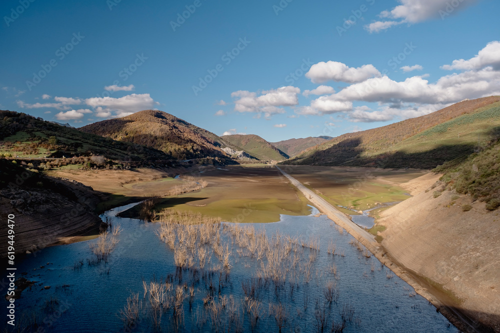 Submerged old road in a valley visible due to a low water level of the ...