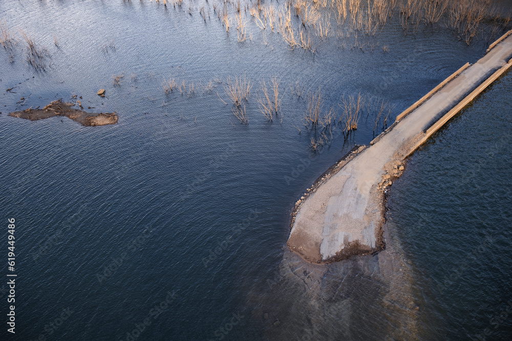 Detail of submerged old road visible due to a low water level of the ...
