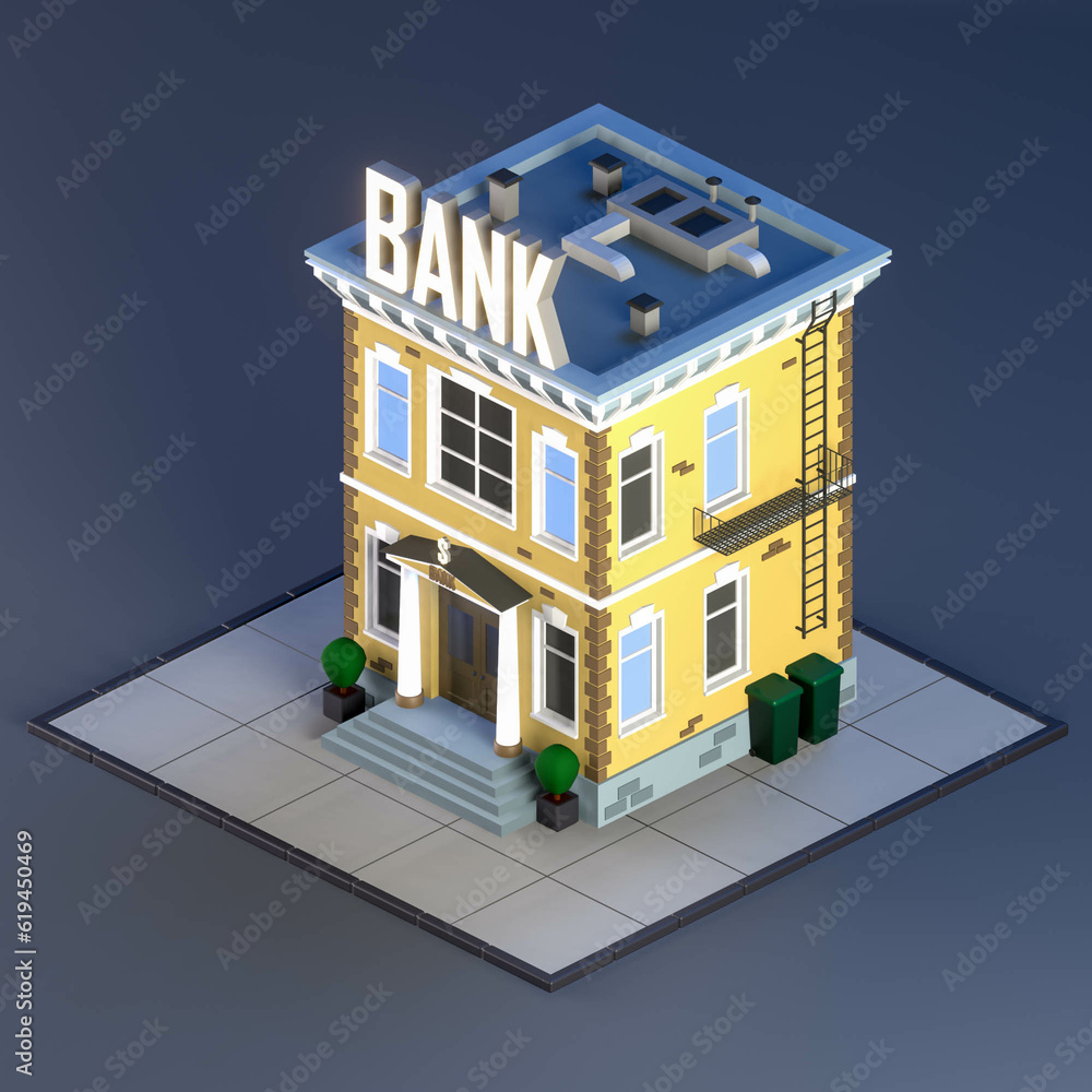3D Illustration with Bank building yellow color. Bank inscription on ...