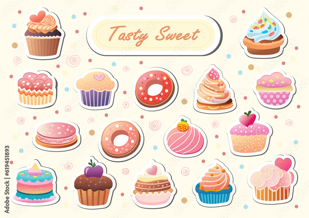 Hand drawn cute sweet baked goods sticker set. Isolated design element ...