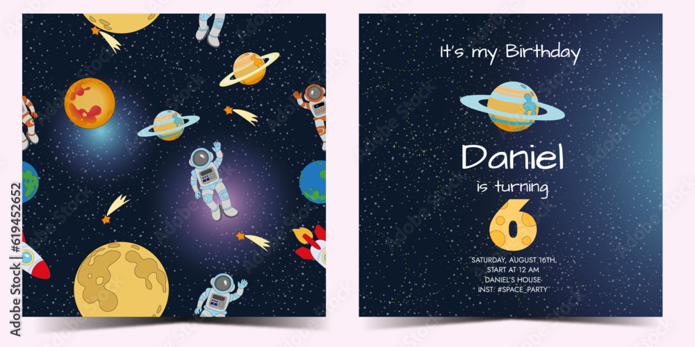 2 in 1. Template children's birthday invitation 6 years in space ...