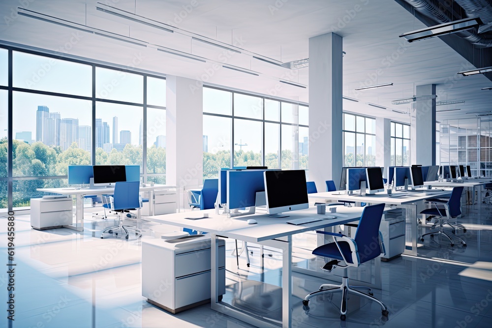 Modern White and Blue Open Space Office Interior Design with Computer ...
