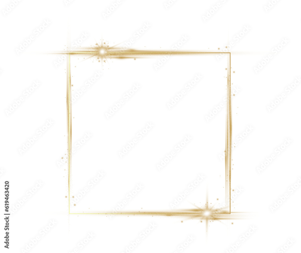 Gold frame with lighting effects. Shining sparkling rectangular banner ...
