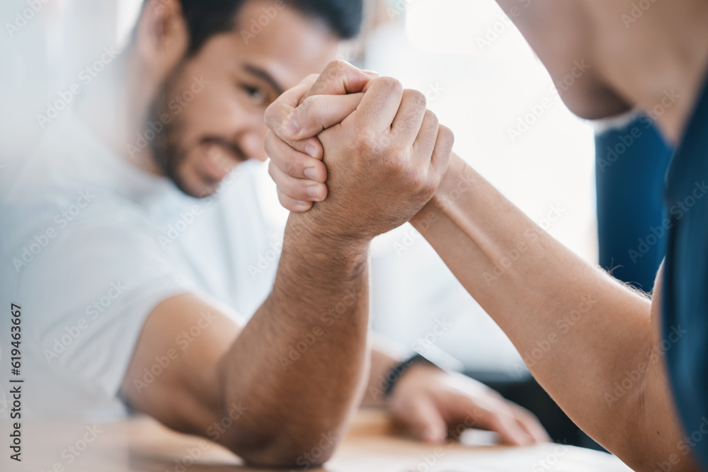 Strong, hands and closeup of men arm wrestling on a table while being ...