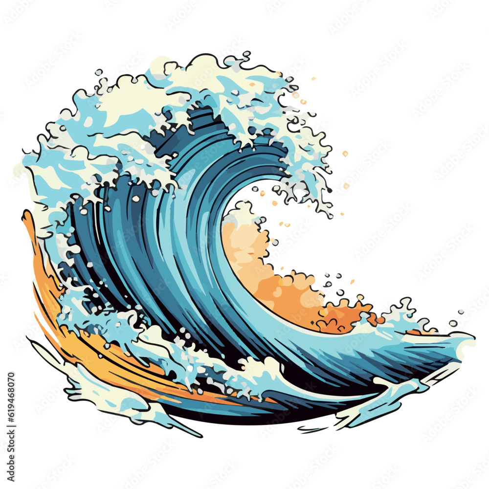 Vector sea wave. Illustration of blue ocean waves with white foam ...