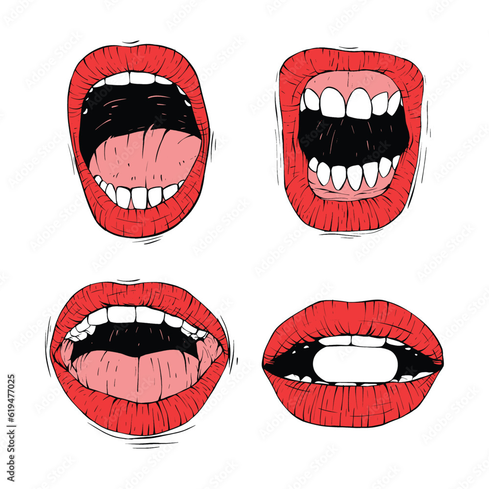 set open mouth collection sketch vector illustration line art Stock ...