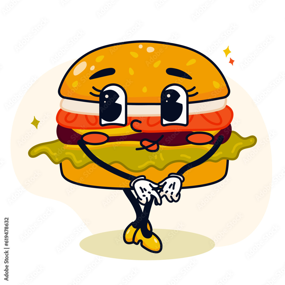 Retro cartoon burger girl character. Fast food mascot character in ...