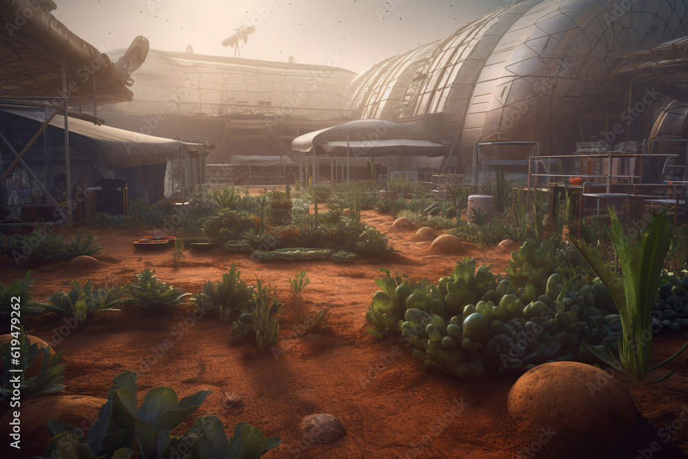 Growing plant in greenhouse on Mars, futuristic fantasy image ...