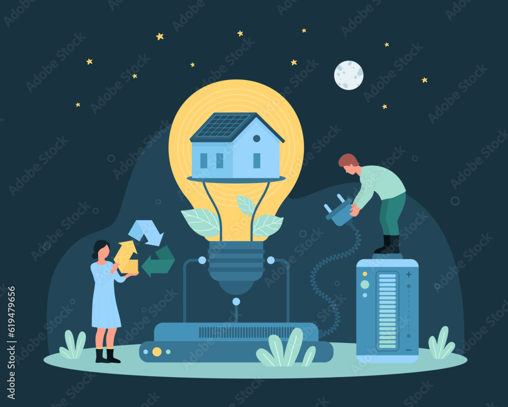 Cartoon tiny people hold recycling sign, plug of charger to recharge ...