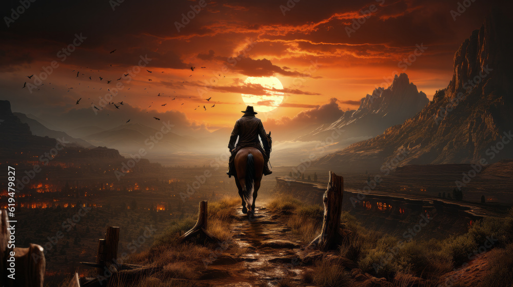 Western landscape with silhouette of a lonely cowboy riding a horse in ...