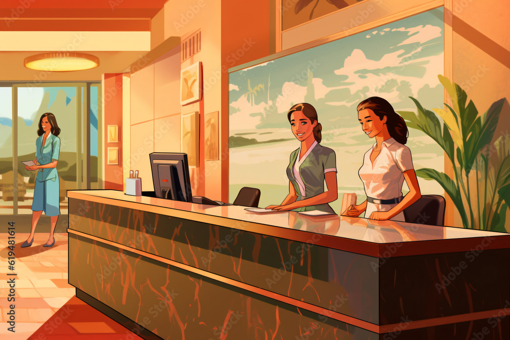 Two women stand behind a hotel front desk. The receptionist is wearing ...