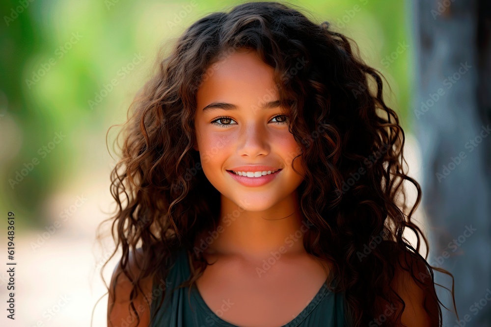 Close Up Portrait Of A Teenage Latino Girl With Long Curly Hair On A Background Of Greenery Ai