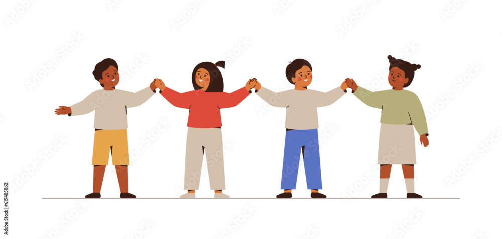 Happy school children stand together and hold hands. Multicultural ...