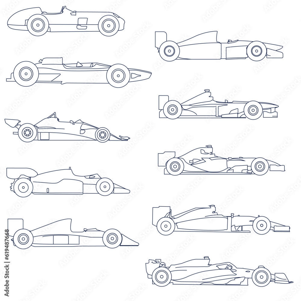 Vetor de Set of 10 Formula 1 cars as silhouettes, 1950s - 2020s. F1 ...