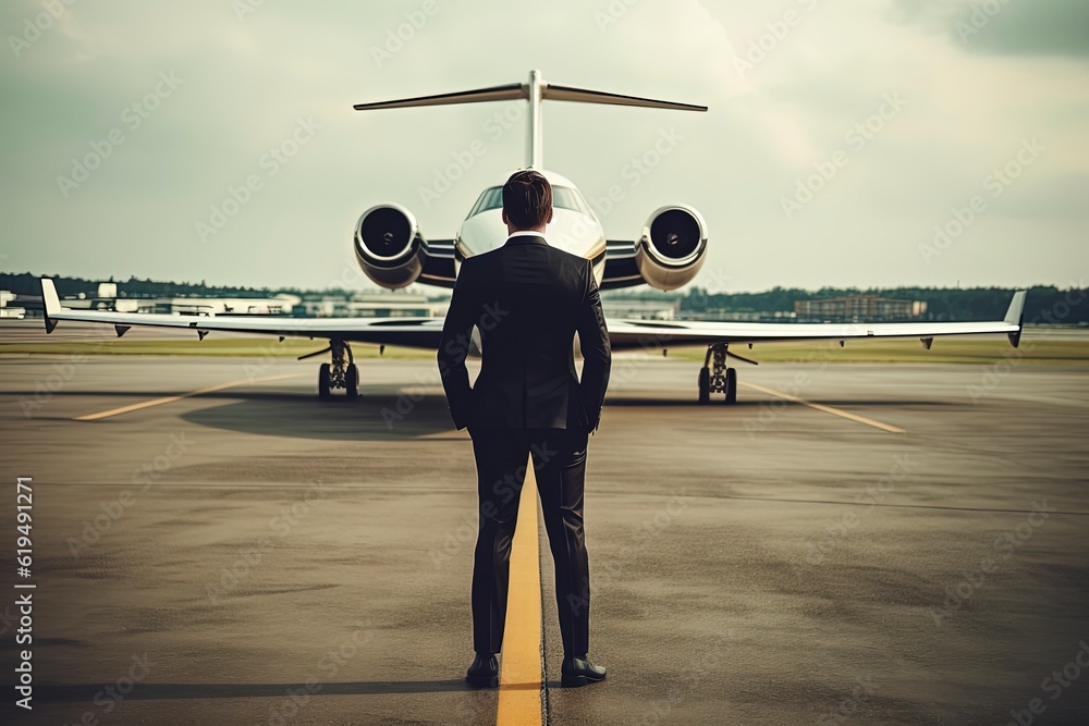 A businessman in black suit standing in front of private jet. Rich man ...