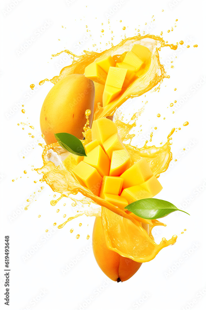 Mango juice, pieces of mango fruit and green leaves falling with a ...