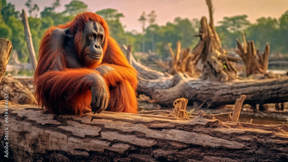 Aftermath of deforestation, a orangutan sits on a tree stump ...