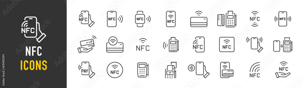 Nfc web icons in line style. Wireless payment, contactless, card, pay ...