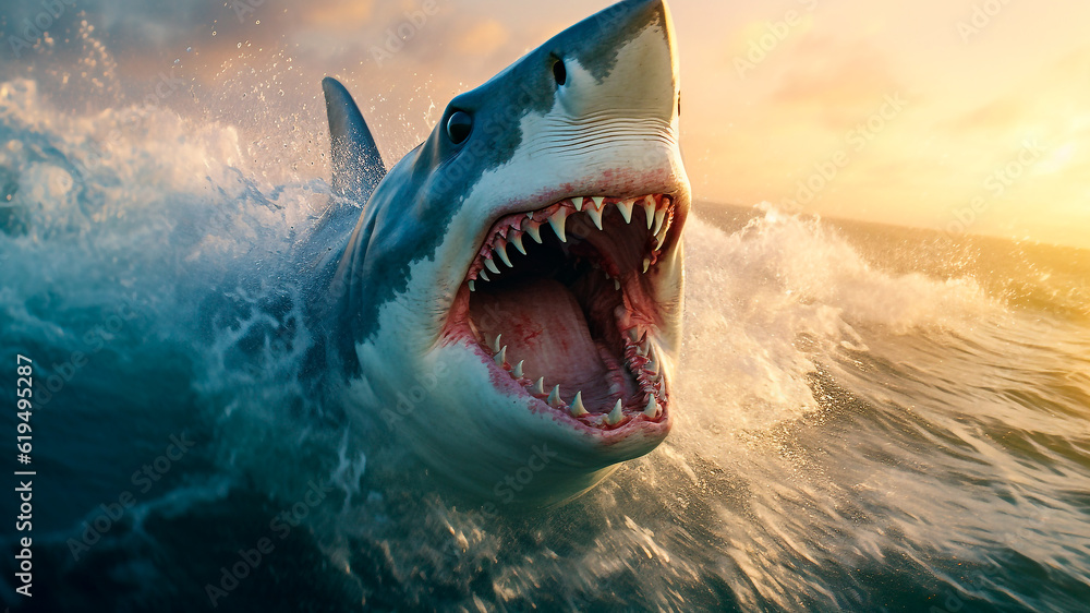 Shark attacks at ocean, white shark lunges towards its prey, Generative ...