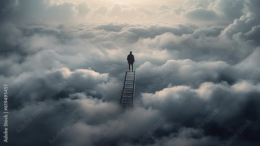 ladder to sky, man at the top of a ladder in clouds, generative ai ...