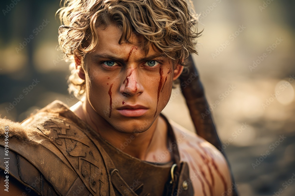 Portrait of David in battle against the Philistines and giant Goliath ...