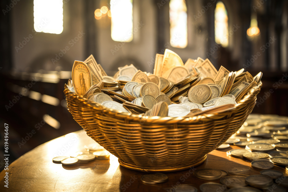 Basket of tithes and offerings in the Church return to God stewardship ...