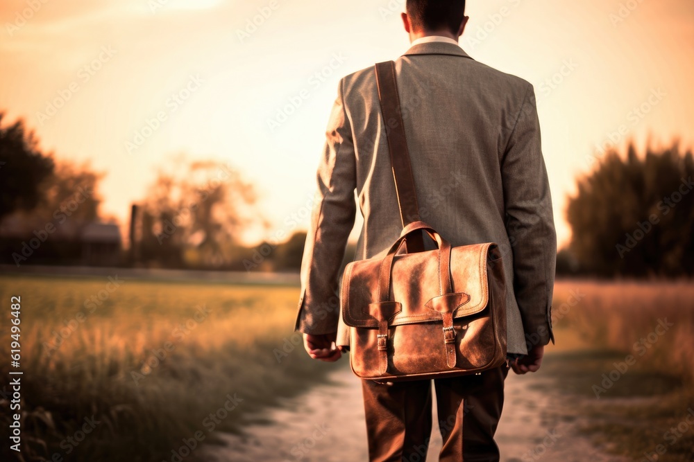 Missionary man with suitcase on his back walking through the field at ...