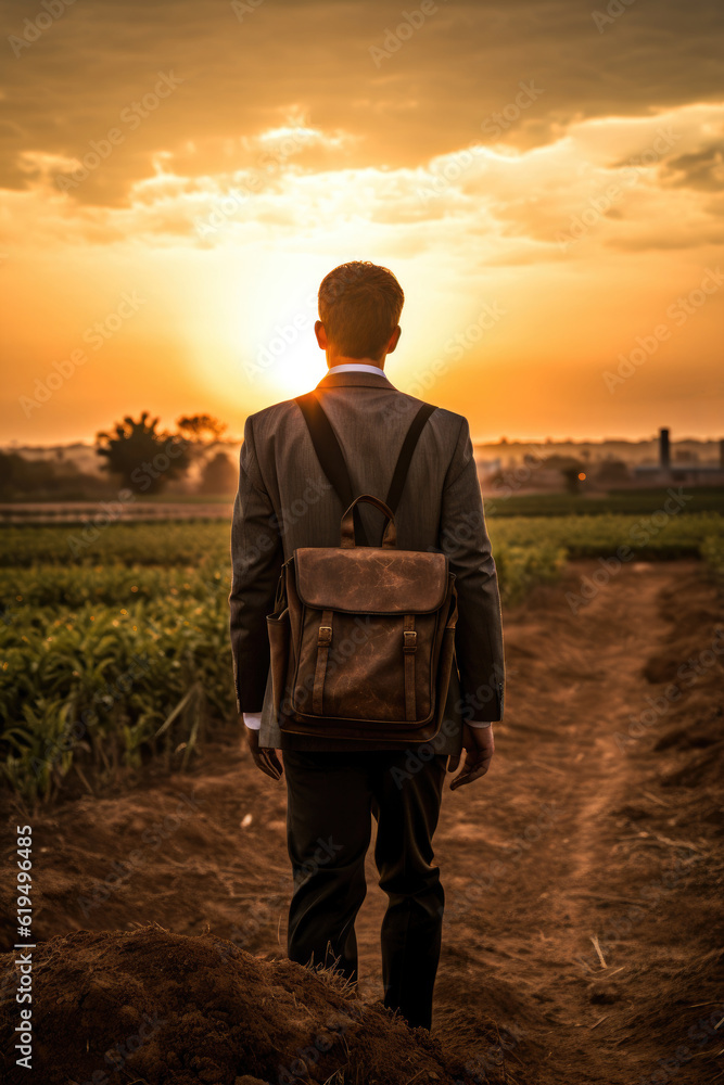 Missionary man with suitcase on his back walking through the field at ...