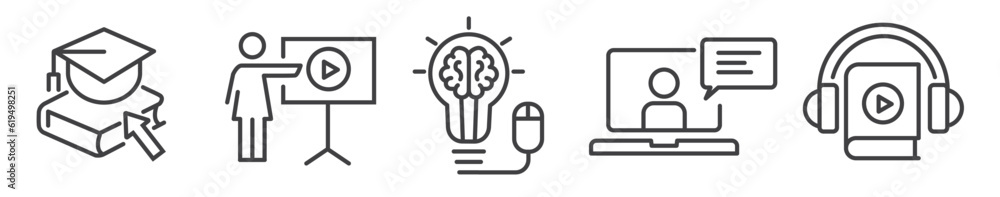 e learning, webinar and online education - thin line icon collection on ...