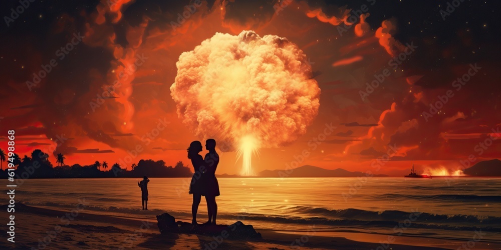 Romantic couple in love on night beach with atomic explosion in the ...