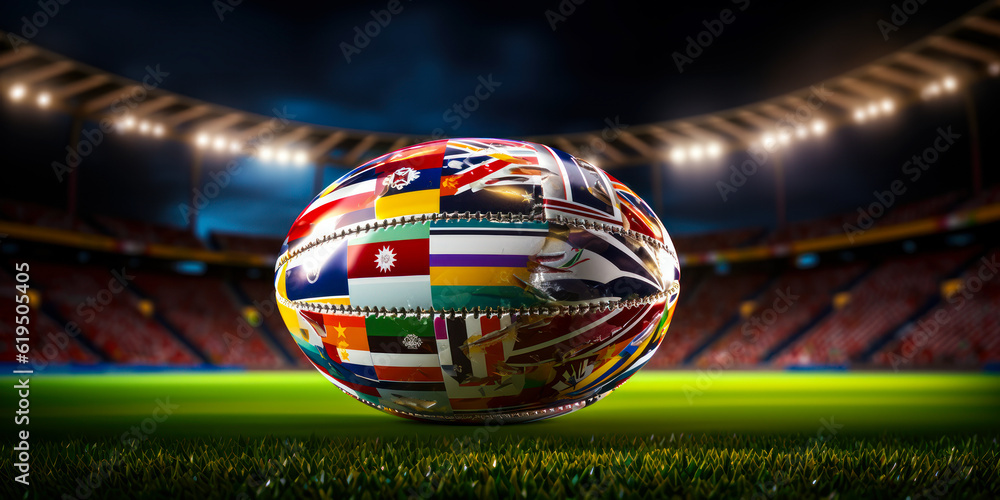 rugby ball made of many national flags on a rugby stadium field, rugby ...