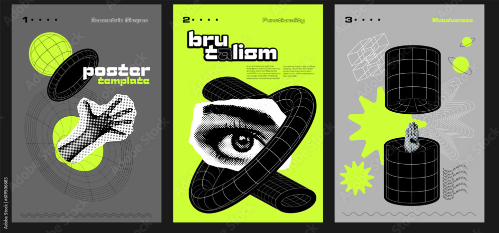 Set of a4 posters in brutalism style. Strange extraordinary graphic ...