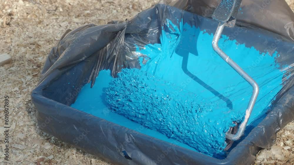 Paint roller is lowered and rolled out in paint tray with blue paint ...